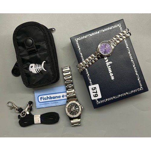 FISHBONE STAINLESS STEEL WATCH IN NYLON POUCH AND A BOXED MARKSMAN ...
