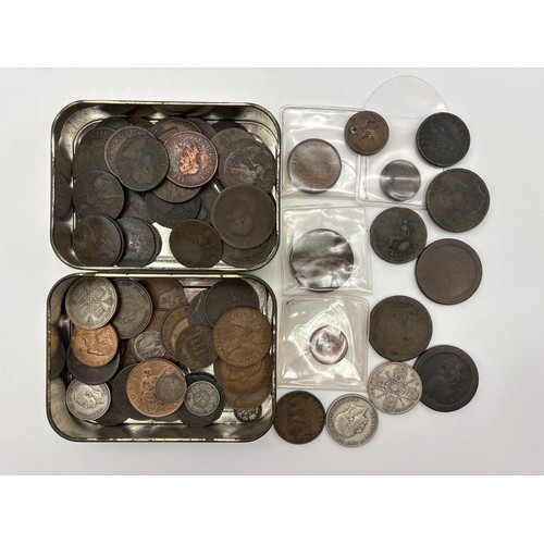TWO TINS OF GB PRE DECIMAL SILVER AND BRONZE COINS, CARTWHEEL PENNIES ...