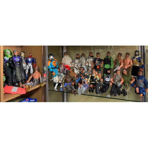 SHELF OF ACTION MAN FIGURES IN VARIOUS UNIFORMS, PLUS MARVEL TYPE ...