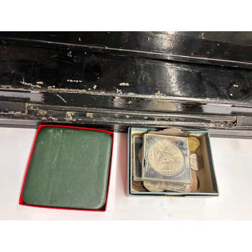 TWO ENAMEL TINS, A CASED MECHANICAL ENGINEERING MEDALLION, A SMALL BOX ...