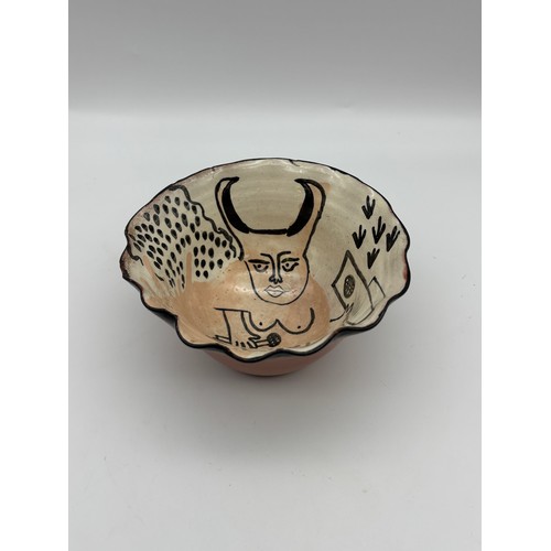 STUDIO POTTERY BOWL IN THE STYLE OF PICASSO DEPICTING HORNED FIGURE ...