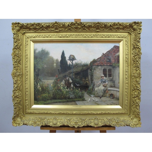 GEORGE EDWARD ROBERTSON (1864-1926) Figures Feeding Birds, in a cottage ...