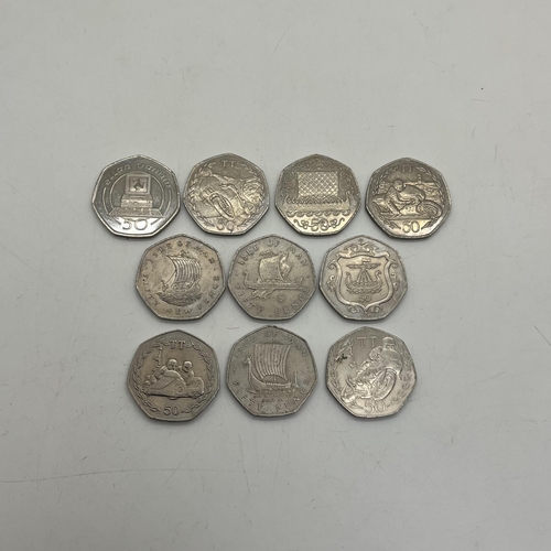 Ten Isle of Man 50p Coins, includes 1988 Ellan Vannin, 1981, 82, 83 and ...