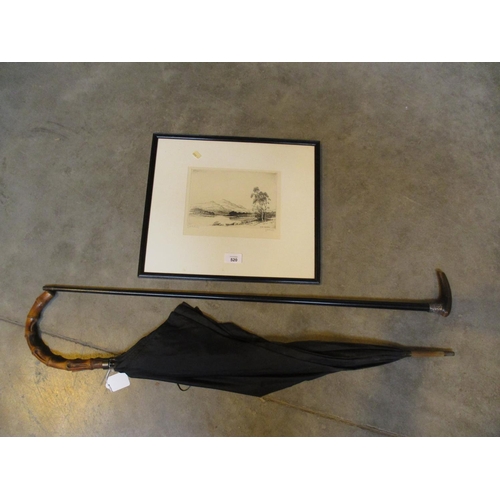 Gents Umbrella, Walking Stick and an Etching of Loch Achray by James ...