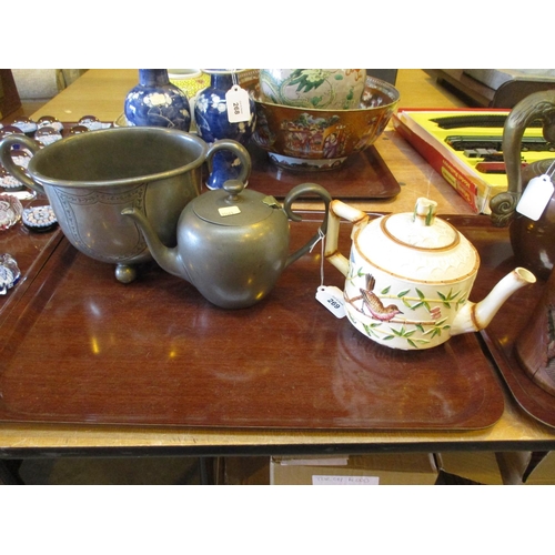 Victorian Pottery Teapot, a Metal Teapot and Trophy