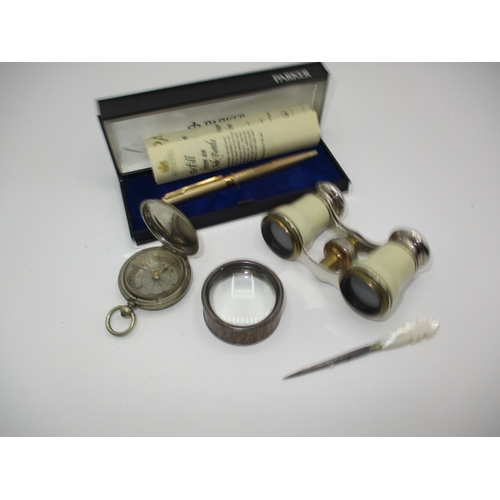 Pocket Compass, Opera Glasses, Parker Pen, Magnifier and a Needle