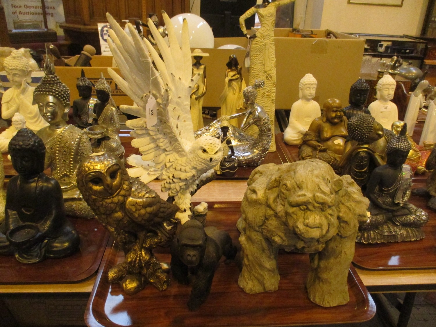 Two Gorilla and 2 Owl Figures