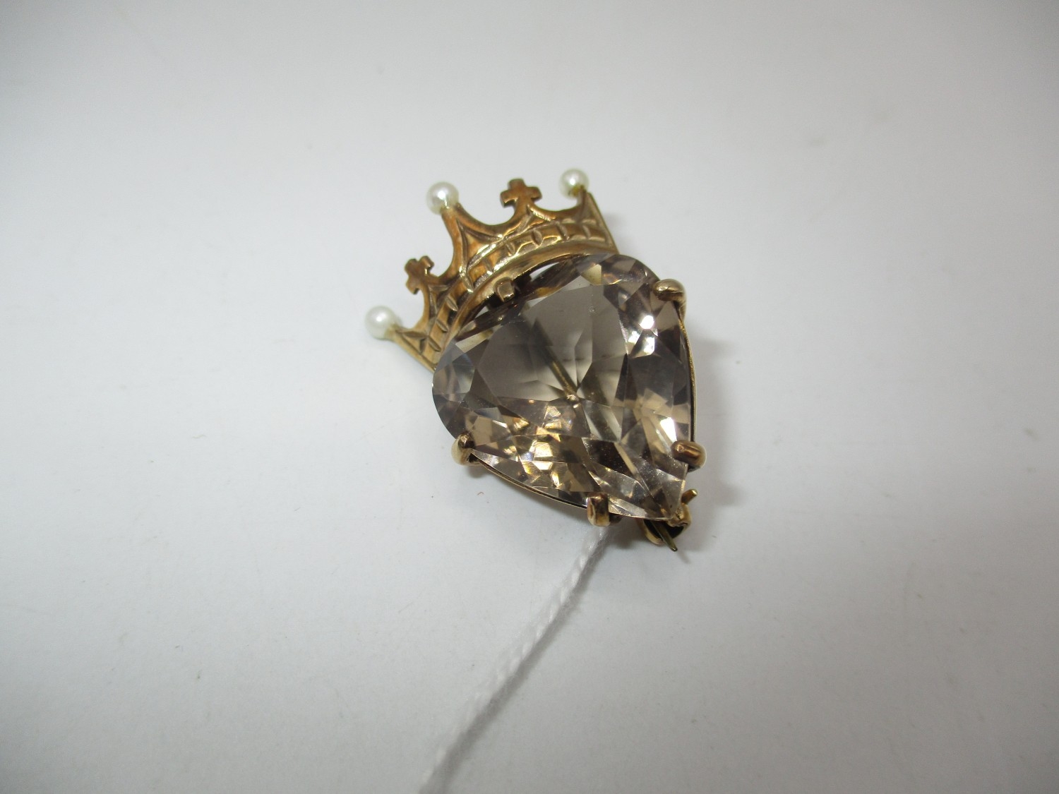 9ct Gold Smokey Stone and Pearl Coronet Brooch
