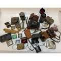 A selection of cameras, camera lens, slide rule, coins including ...