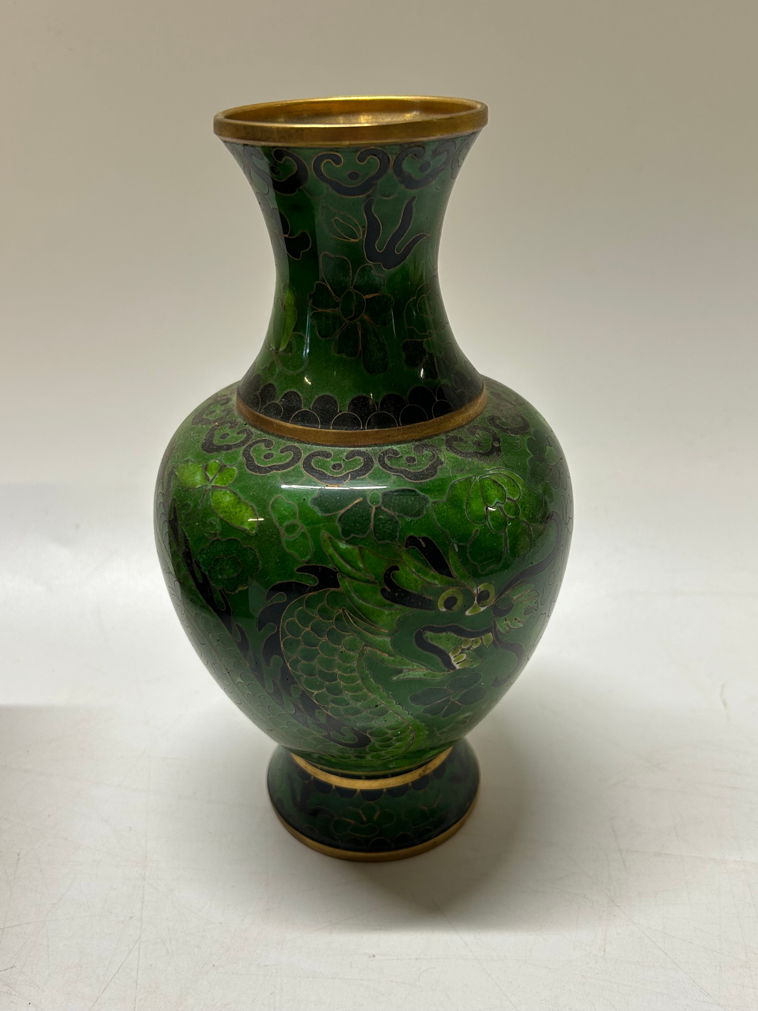 A Chinese Cloisonne vase decorated in green with dragons - 8 1/2in. high