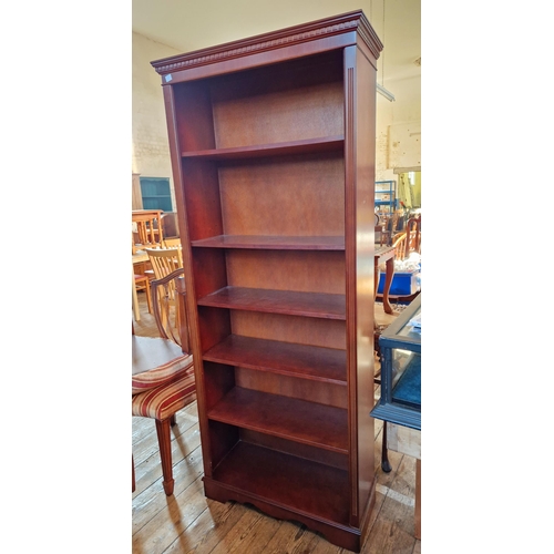 Modern mahogany six tier open bookcase with fluted sides and dentil cornice