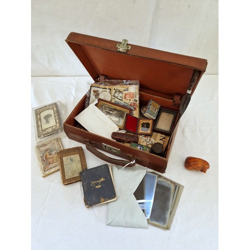 Small vintage leather-bound box case monogrammed TMM containing misc ...