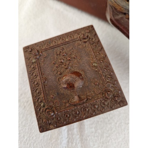 Small vintage leather-bound box case monogrammed TMM containing misc ...