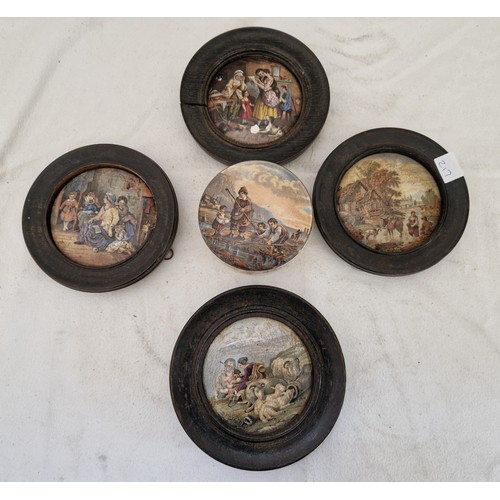 Four framed Victorian ceramic decorative pot lids plus a complete pot