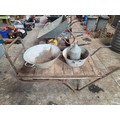 Market barrow, two vintage galvanised bowls and poultry drinker