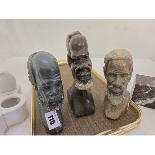Three African marble carved busts, onyx eggs etc