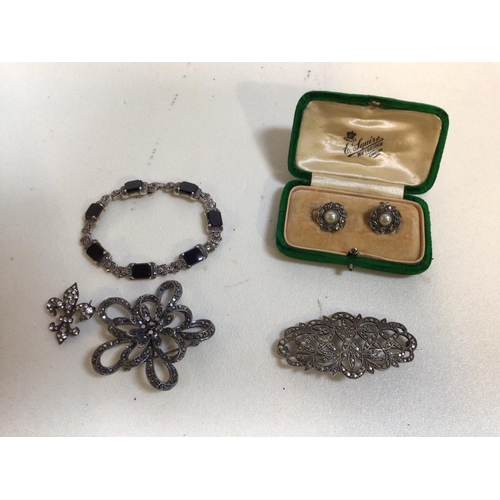 A silver marquesite bracelet and brooch and other white metal ...