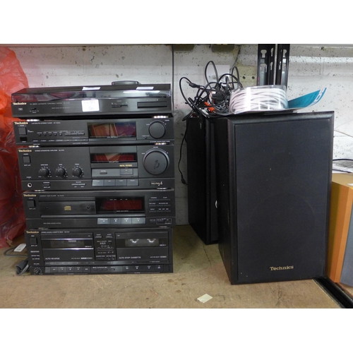 Technics hi-fi system with speakers, cables and remote: double cassette deck RSX101; CD player SL PJ