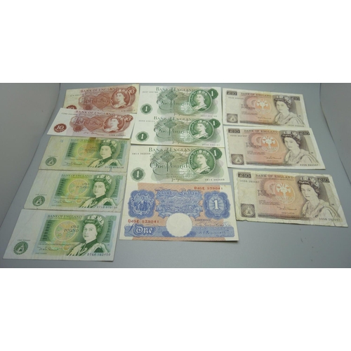 British bank notes, three £10 notes, seven £1 notes including Peppiatt ...