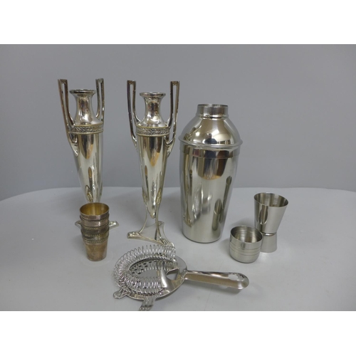 A pair of 1920's EPNS posy vases plus cocktail shaker and four spirit ...