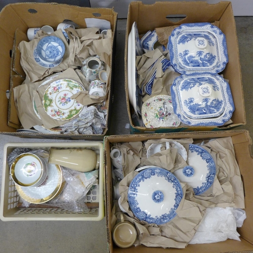 Three boxes of mixed china, including blue and white pattern **PLEASE ...