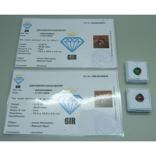 Two loose pear shaped opal doublet gemstones, with Gem Identification ...