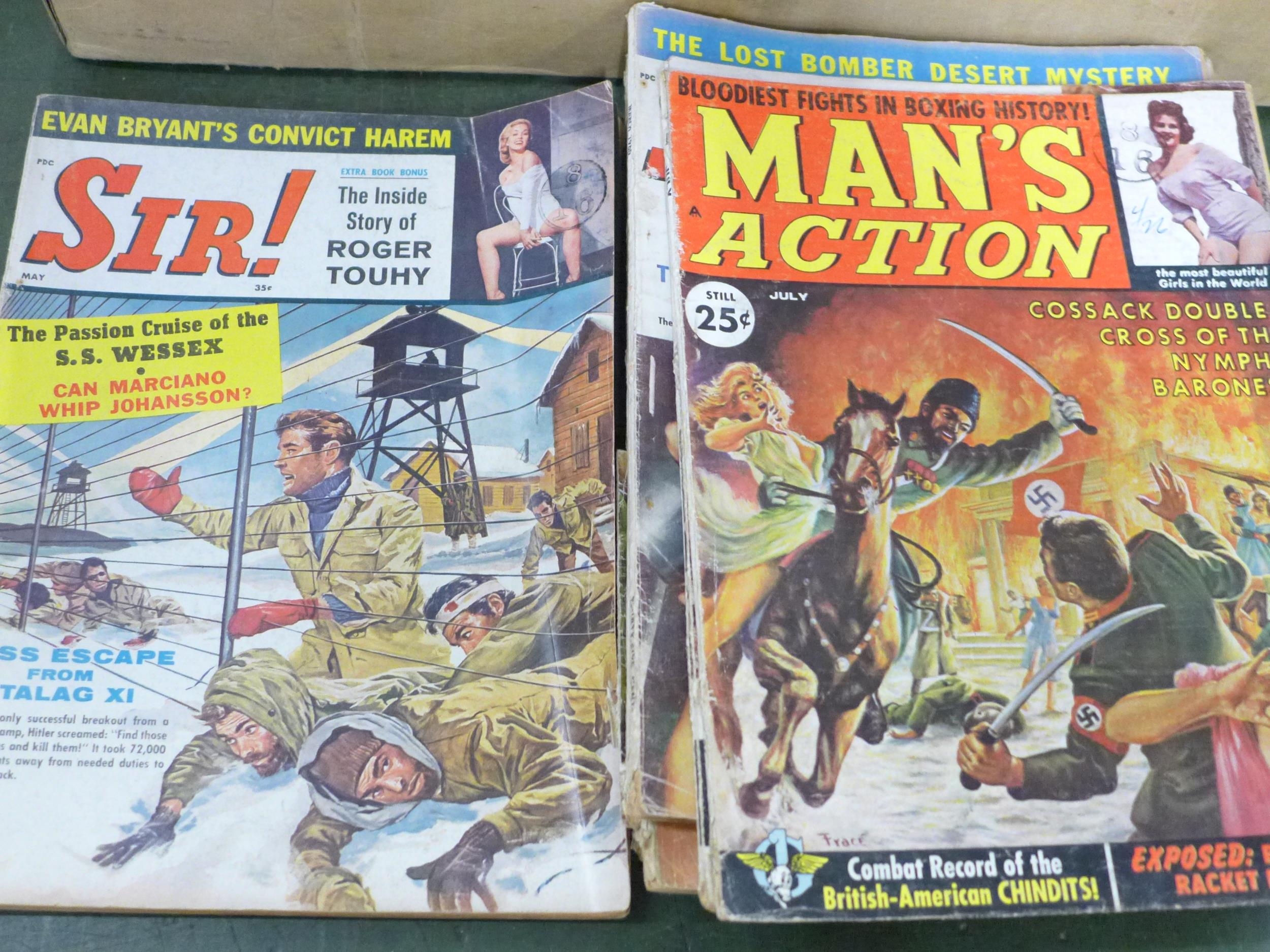 A box of mainly 1950s/60s men's magazines, including Men Only, Stag ...