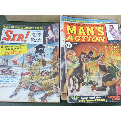 A box of mainly 1950s/60s men's magazines, including Men Only, Stag ...