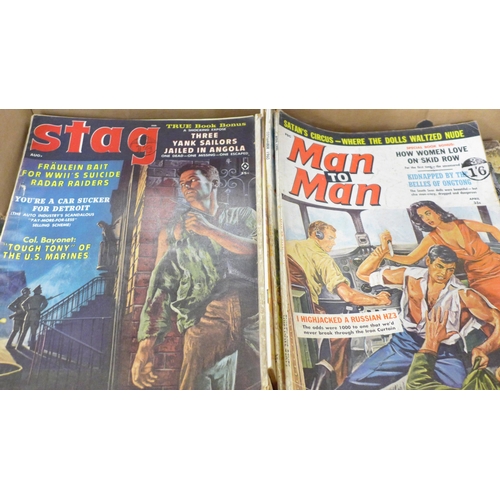 A box of mainly 1950s/60s men's magazines, including Men Only, Stag ...