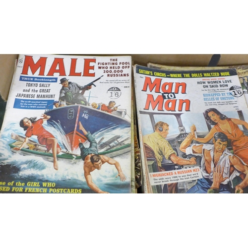A box of mainly 1950s/60s men's magazines, including Men Only, Stag ...