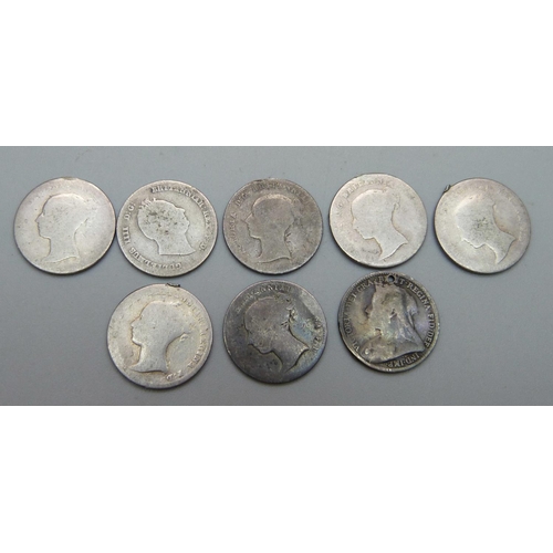 Eight 19th Century silver coins, one William IV and seven Victoria ...