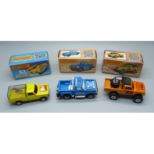 Three vintage Matchbox 75 cars; a 53 Flareside Pick-Up, a 57 Wild Life ...