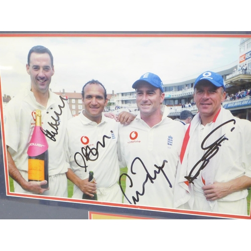 A framed and mounted picture, signed by four England players; Martin ...