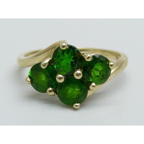 A 9ct gold and four stone Russian diopside ring, 2.6g, O