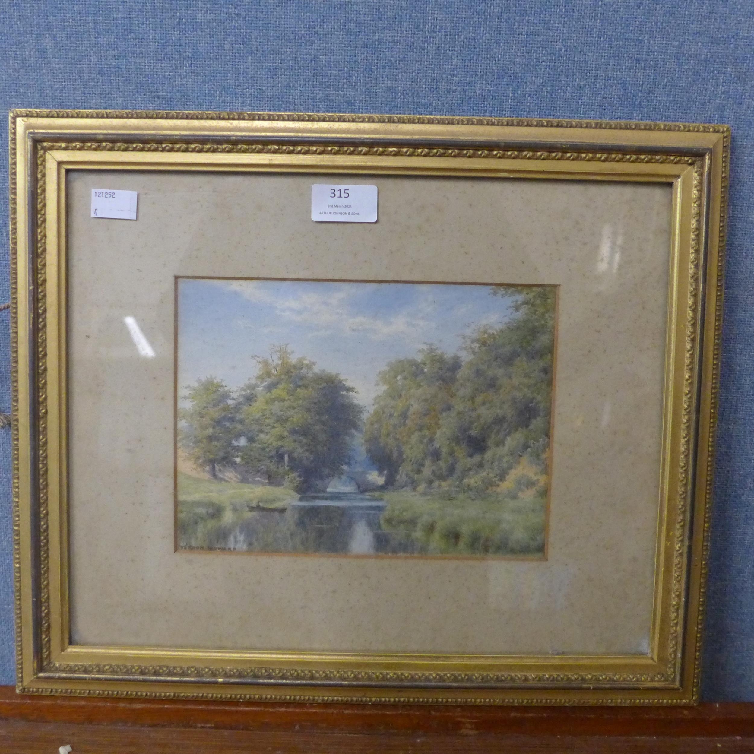Vernon Howard, river landscape, watercolour, framed