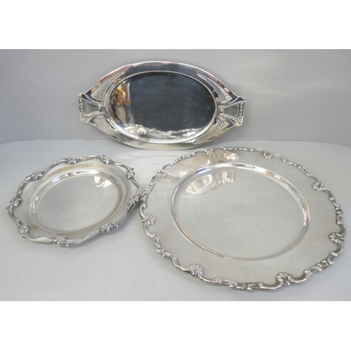 Three white metal trays, small circular tray with Eastern control mark ...