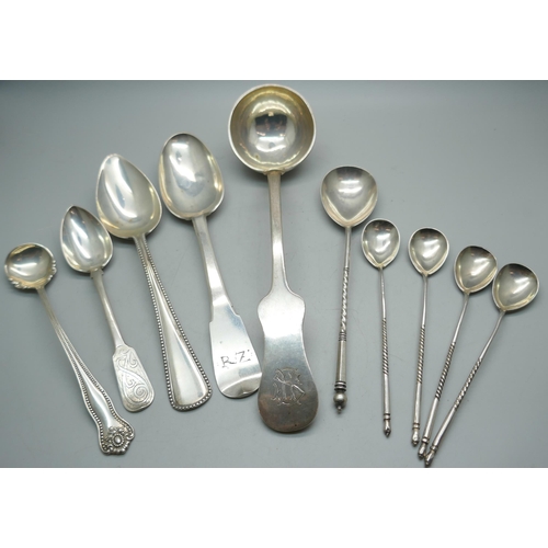 Nine spoons; ladle with continental control mark, two large spoons with ...