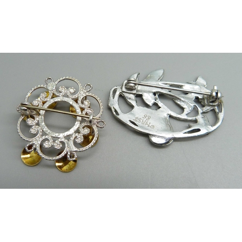 A traditional Norwegian silver solje wedding brooch and one other brooch