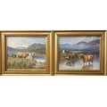 A.H. Findley, pair of landscapes with Highland cattle watering, oil on ...