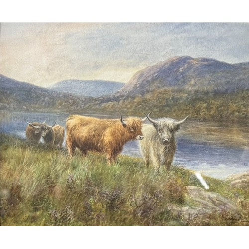 A.H. Findley, pair of landscapes with Highland cattle watering, oil on ...