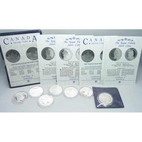 Seven .999 pure silver Commemorative coins, with certificates, 5 x 34g ...