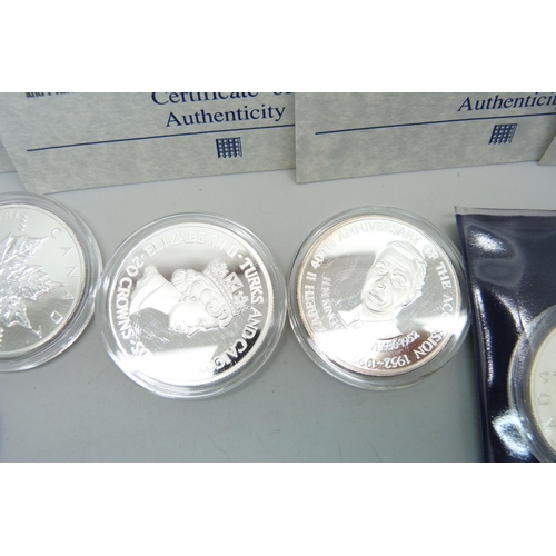 Seven .999 pure silver Commemorative coins, with certificates, 5 x 34g ...