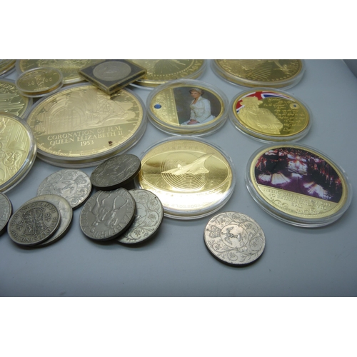 A collection of large gold plated commemorative medallions, crowns and ...