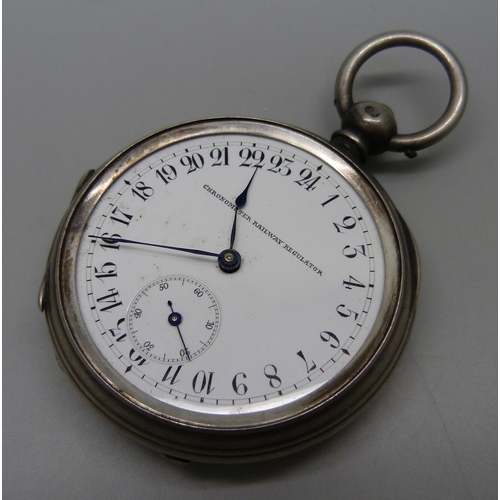 A silver cased Chronometer Railway Regulator pocket watch with 24 hour ...