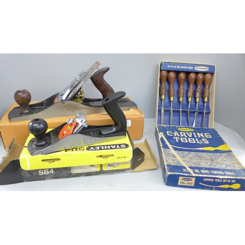 A Stanley SB4 wood plane, one other Stanley wood plane and a set of six ...