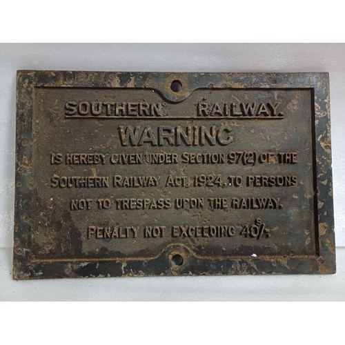 A Southern Railway cast iron trespass warning sign citing the Southern ...