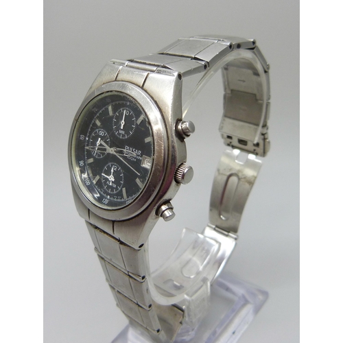 A stainless steel Pulsar chronograph 100m wristwatch, Pulsar 7T82-OA90 ...