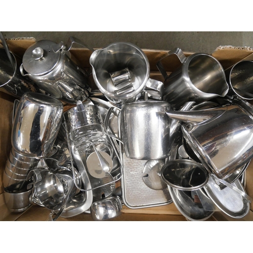A box of chrome and stainless steel tea services, trays, cups, etc ...