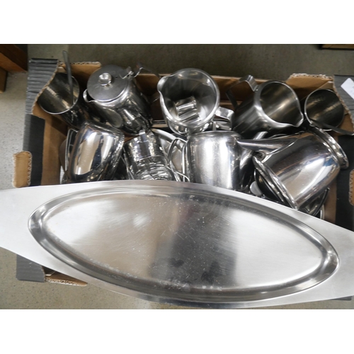 A box of chrome and stainless steel tea services, trays, cups, etc ...