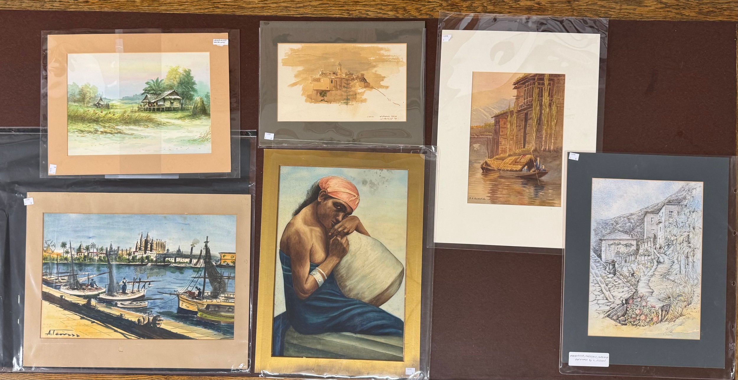 Five assorted watercolours, unframed and a pen and wash drawing